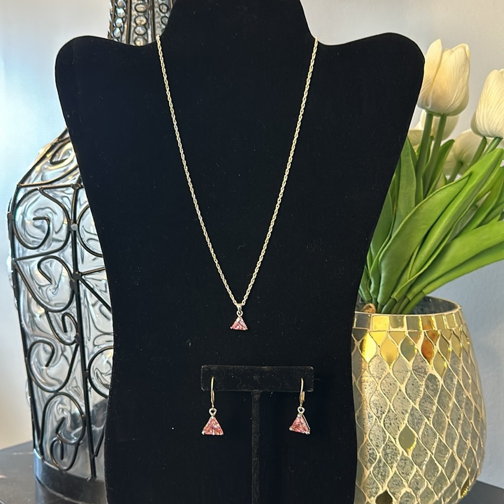 Trillion Cut Pink Necklace, Sterling Silver Pink Cz A… - Gem